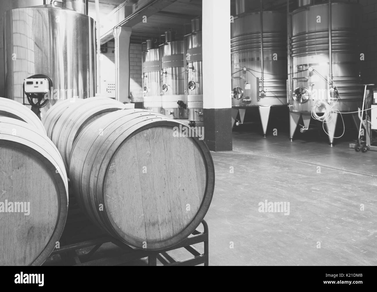 Plant interior with wooden barrels and tanks for processing wine Stock ...