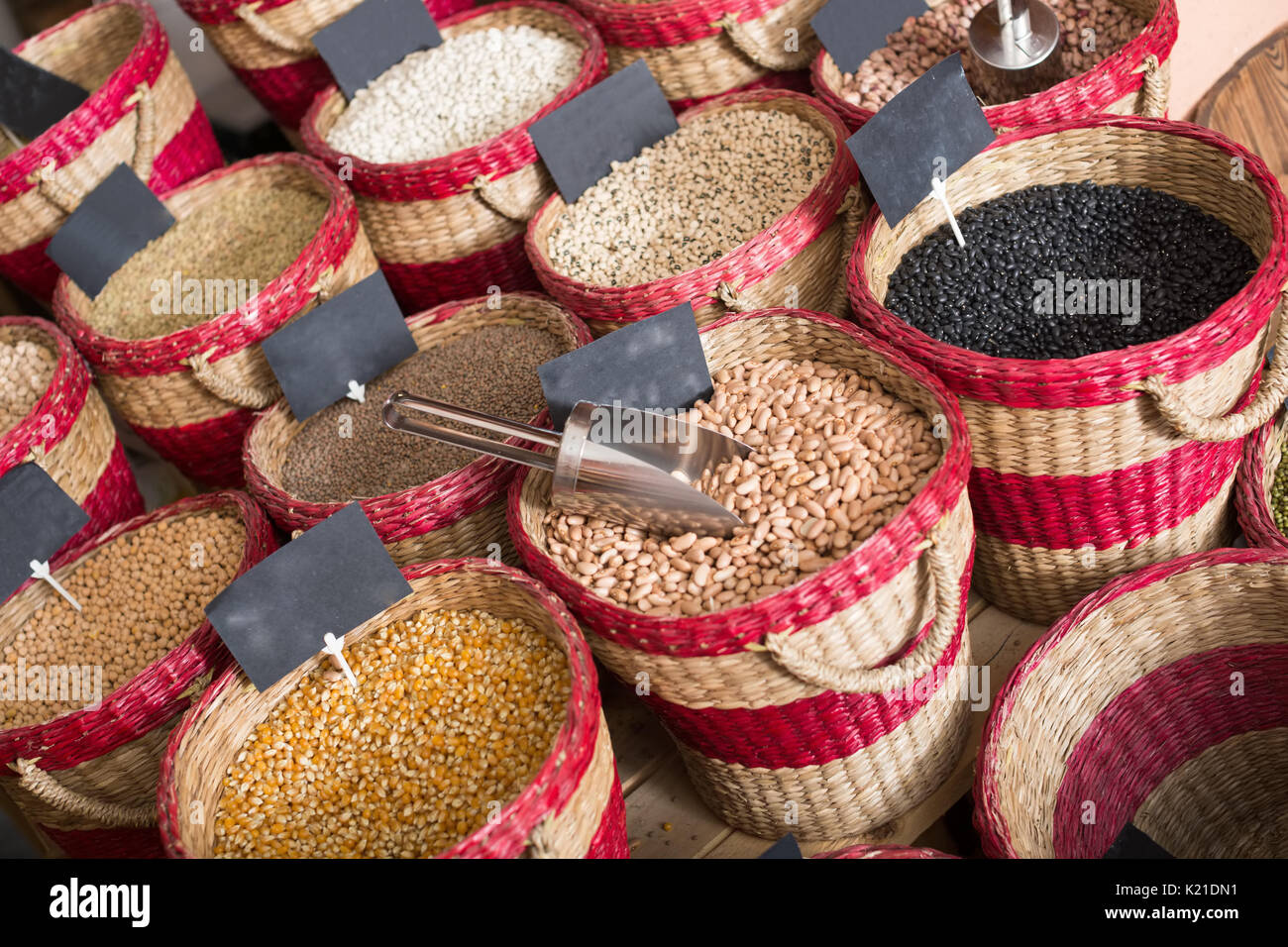 Assortment of dry beans beautifully packed in baskets on bazar Stock ...