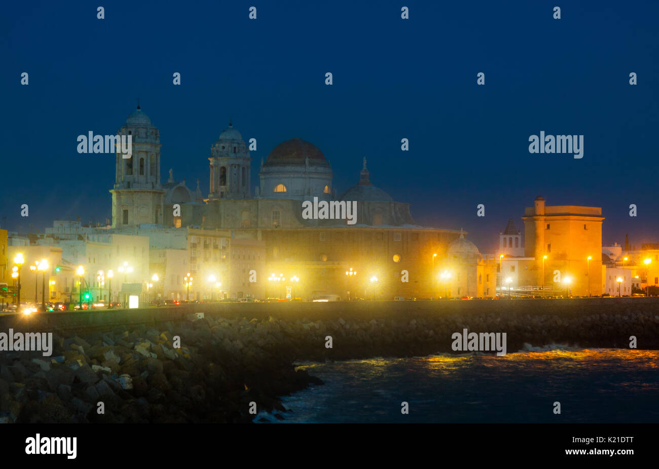 night view of Cathedral and coast in Cadiz. Spain Stock Photo - Alamy