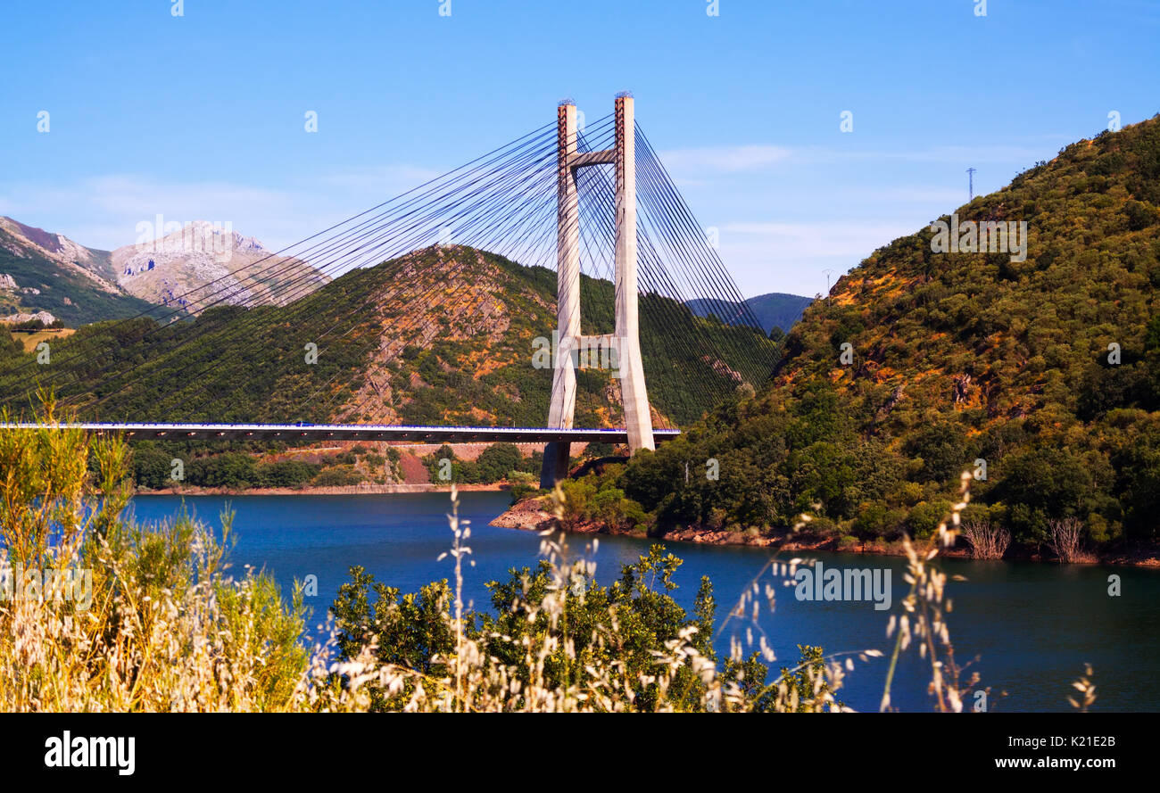 Cable-stayed bridge over reservoir of Barrios de Luna. Spain Stock ...