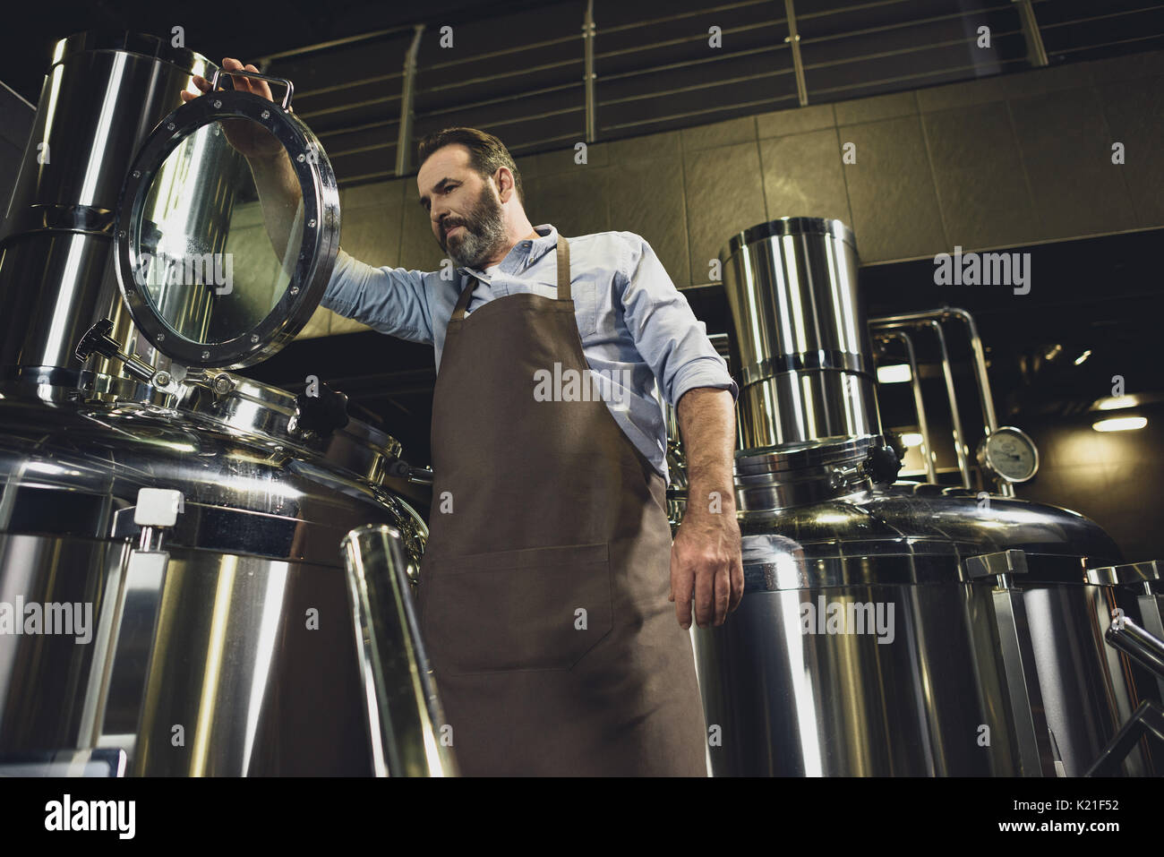 Male brewer in apron inspecting tank at the brewery Stock Photo - Alamy
