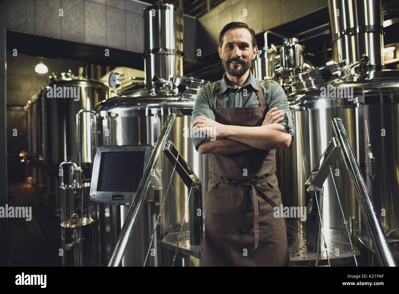 Male brewery worker in apron standing and looking at camera Stock Photo ...
