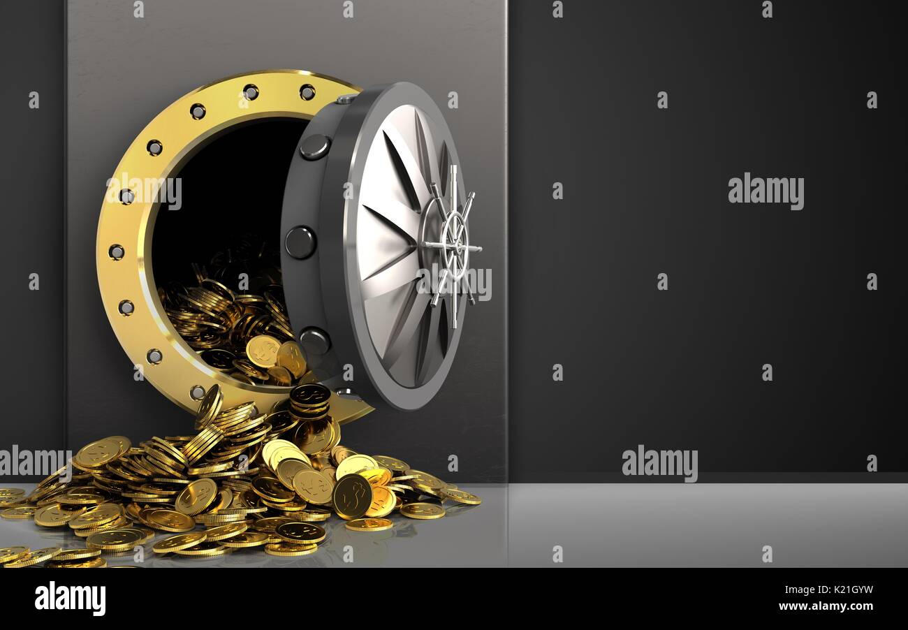 3d illustration of metal box with golden coins over black background ...