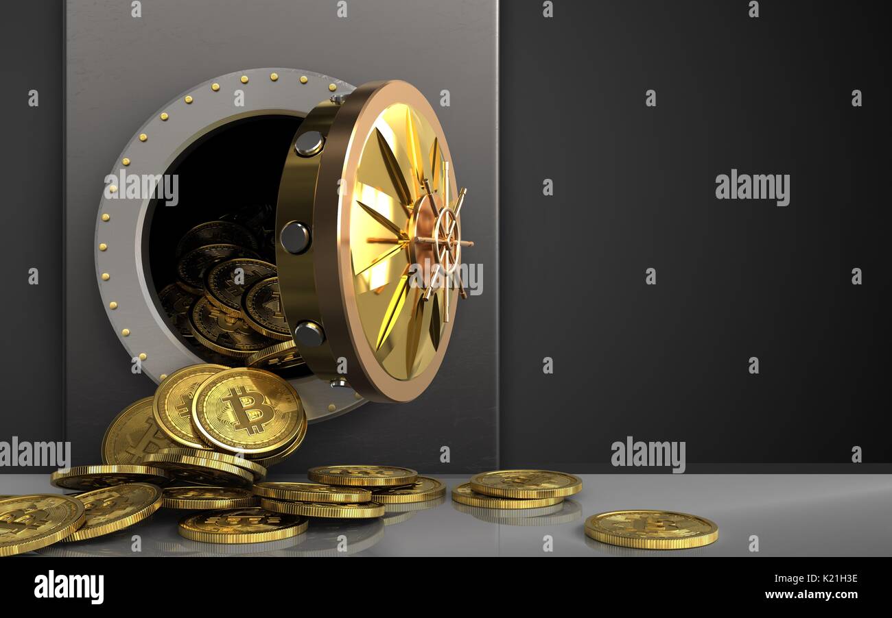 3d illustration of metal box with bitcoins heap over black background ...