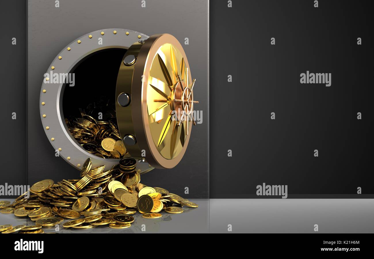 3d illustration of metal box with golden coins over black background ...