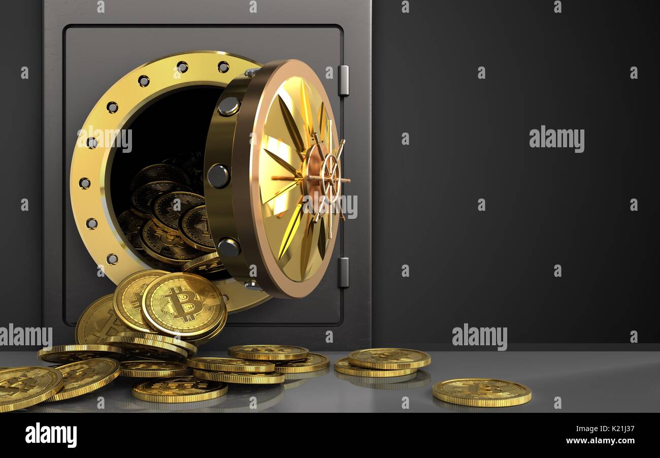3d illustration of metal safe with bitcoins heap over black background ...