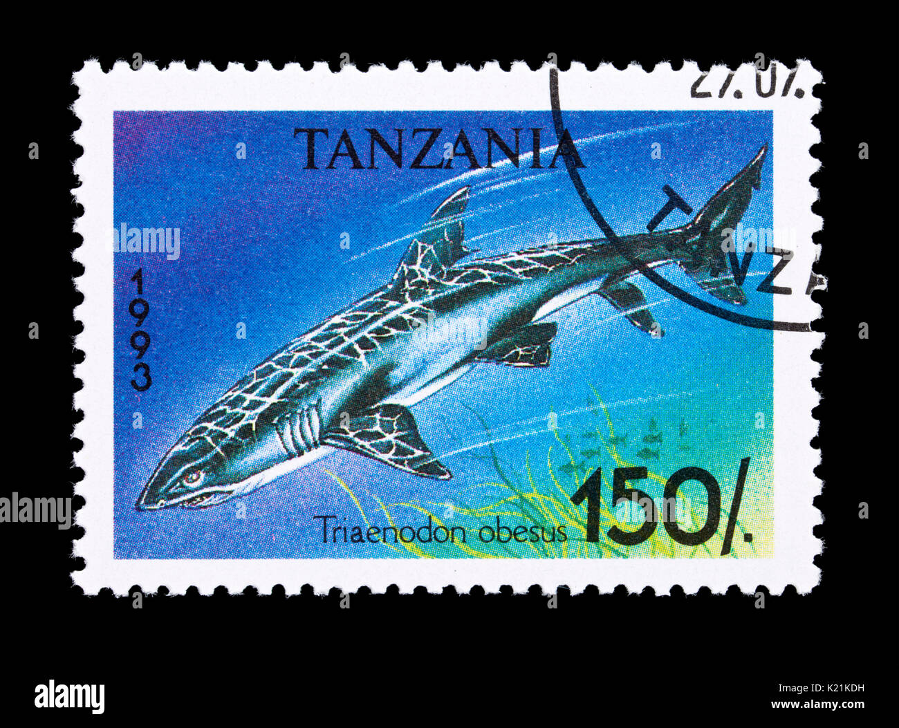 Postage stamp from Tanzania depicting a whitetip reef shark (Triaenodon ...