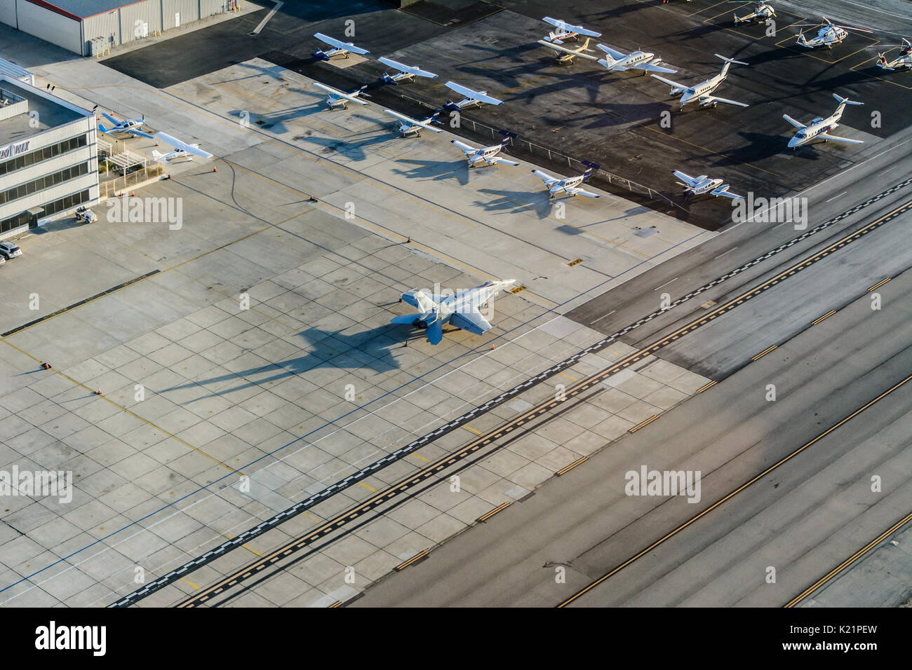Aerial view of aircraft over Long Beach airport in Southern California ...