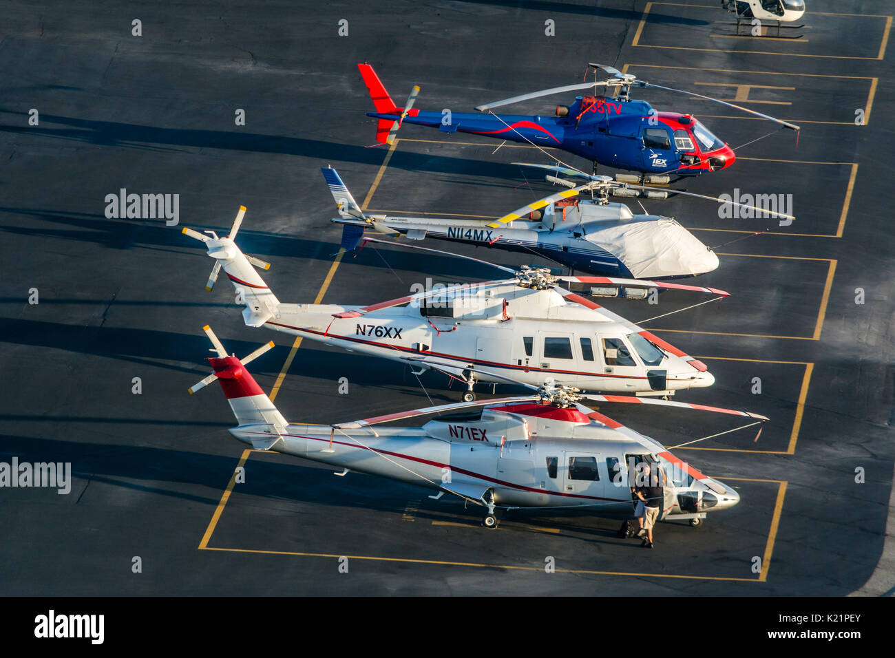 Aerial view of aircraft over Long Beach airport in Southern California ...