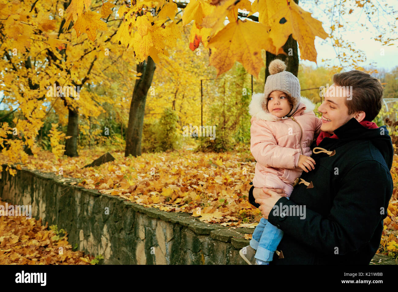 A father walks with a child daughter in the park in the fall Stock ...