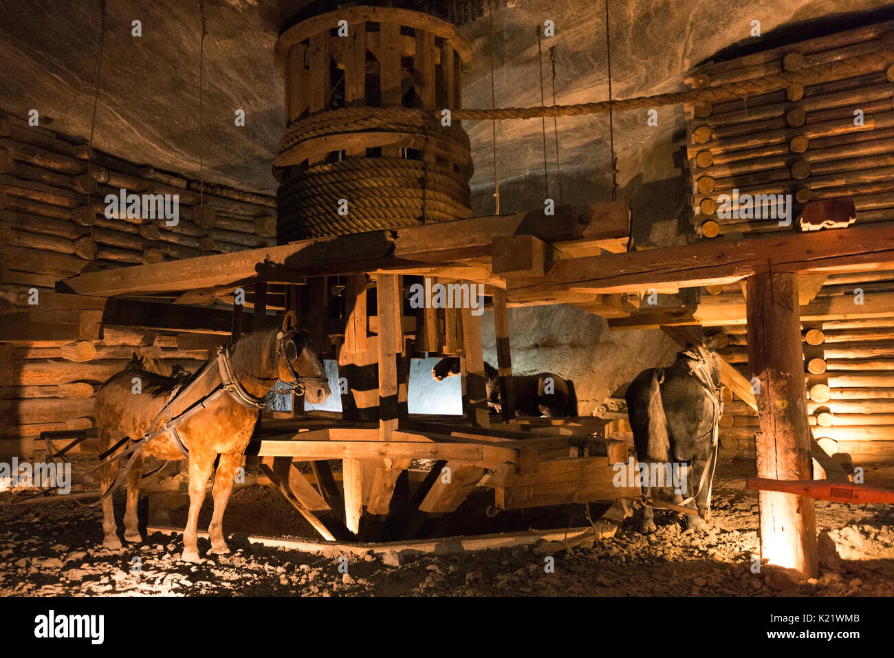 Mockup of a horse-driven winder underground in the Wieliczka Salt Mine ...