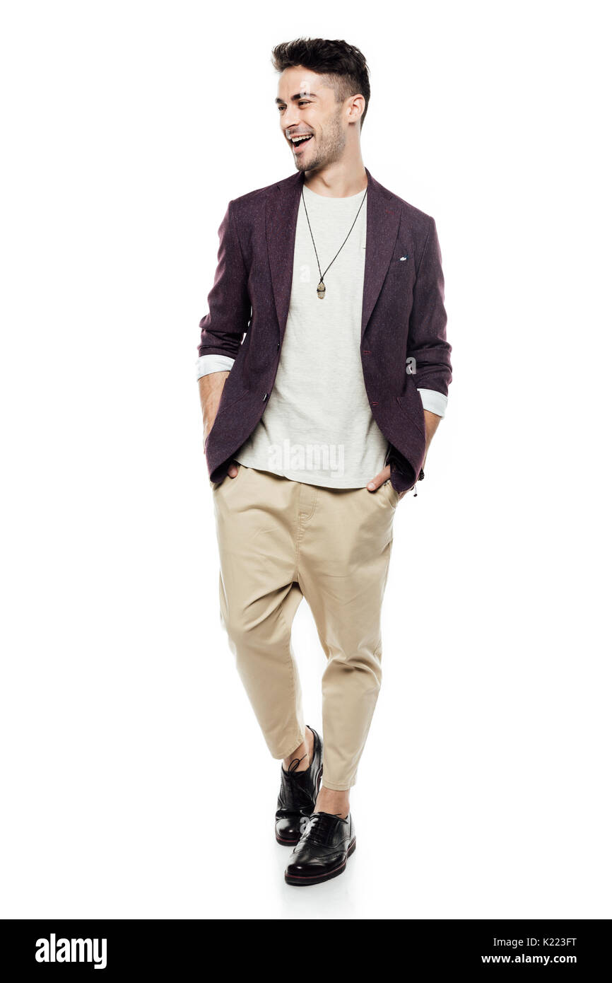 happy stylish young man wearing in jacket isolated on white Stock Photo ...