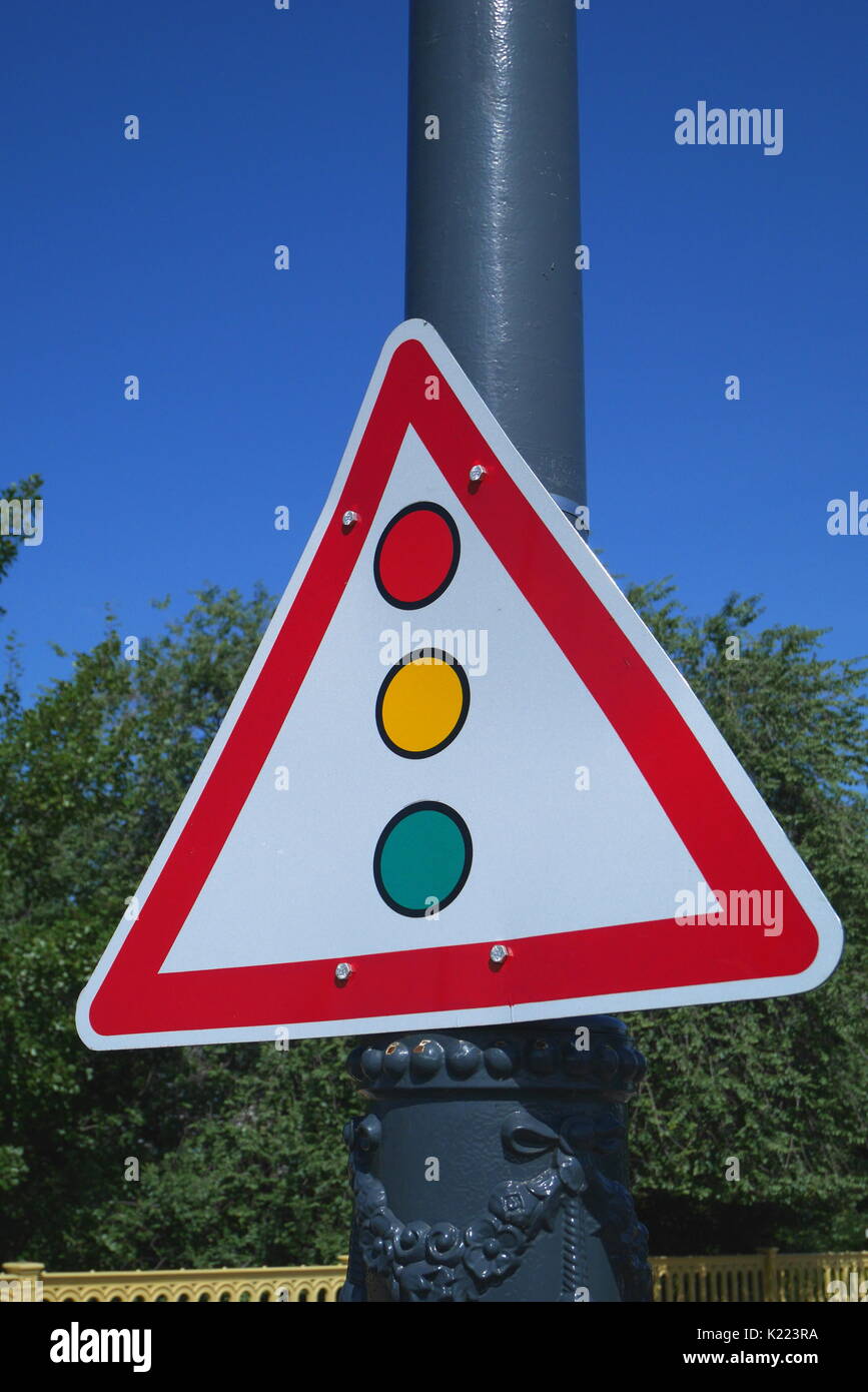 Road sign warning of traffic lights ahead, Margaret Island, Budapest ...