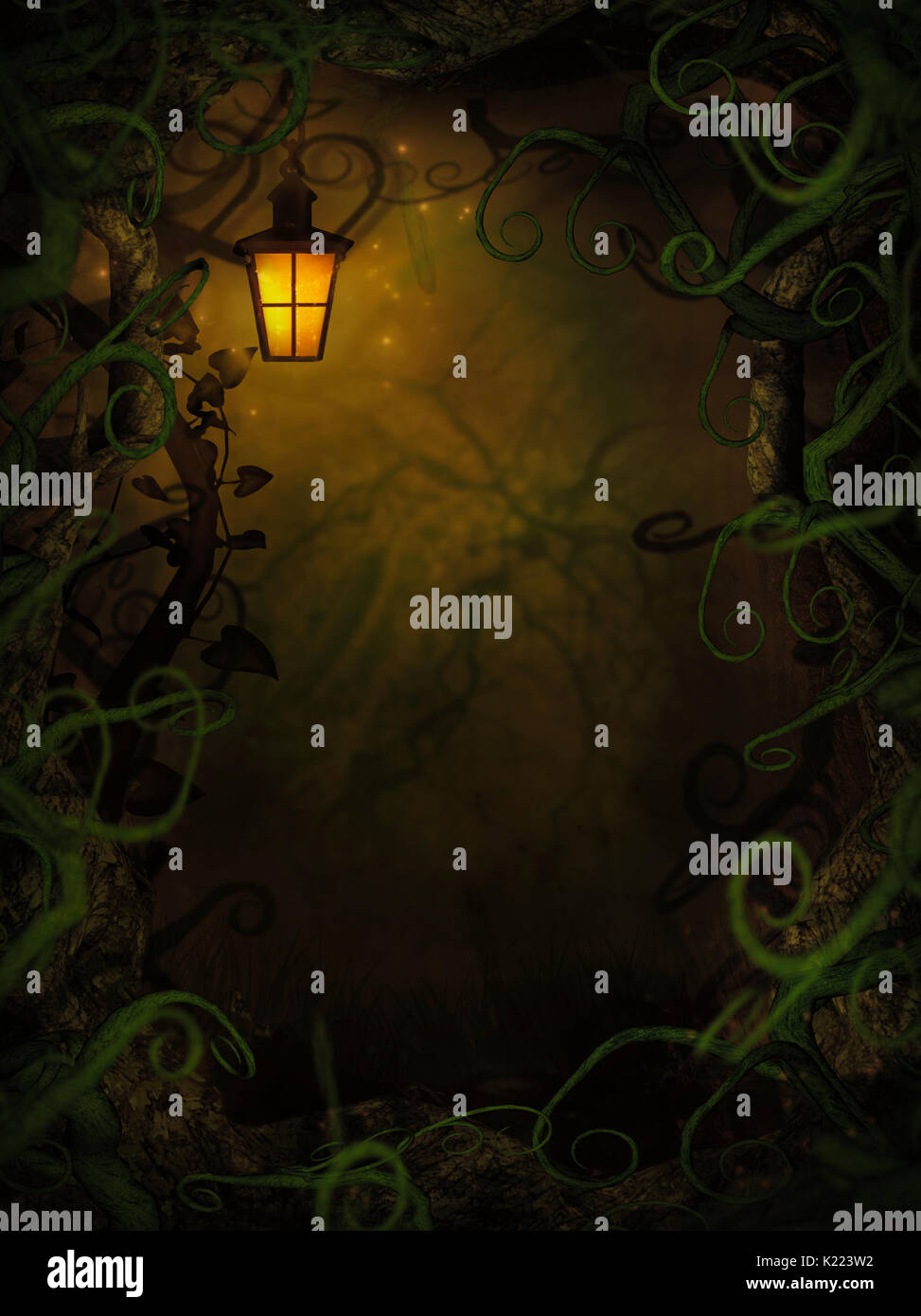 Halloween horror background with spooky vines. Green branches and ...