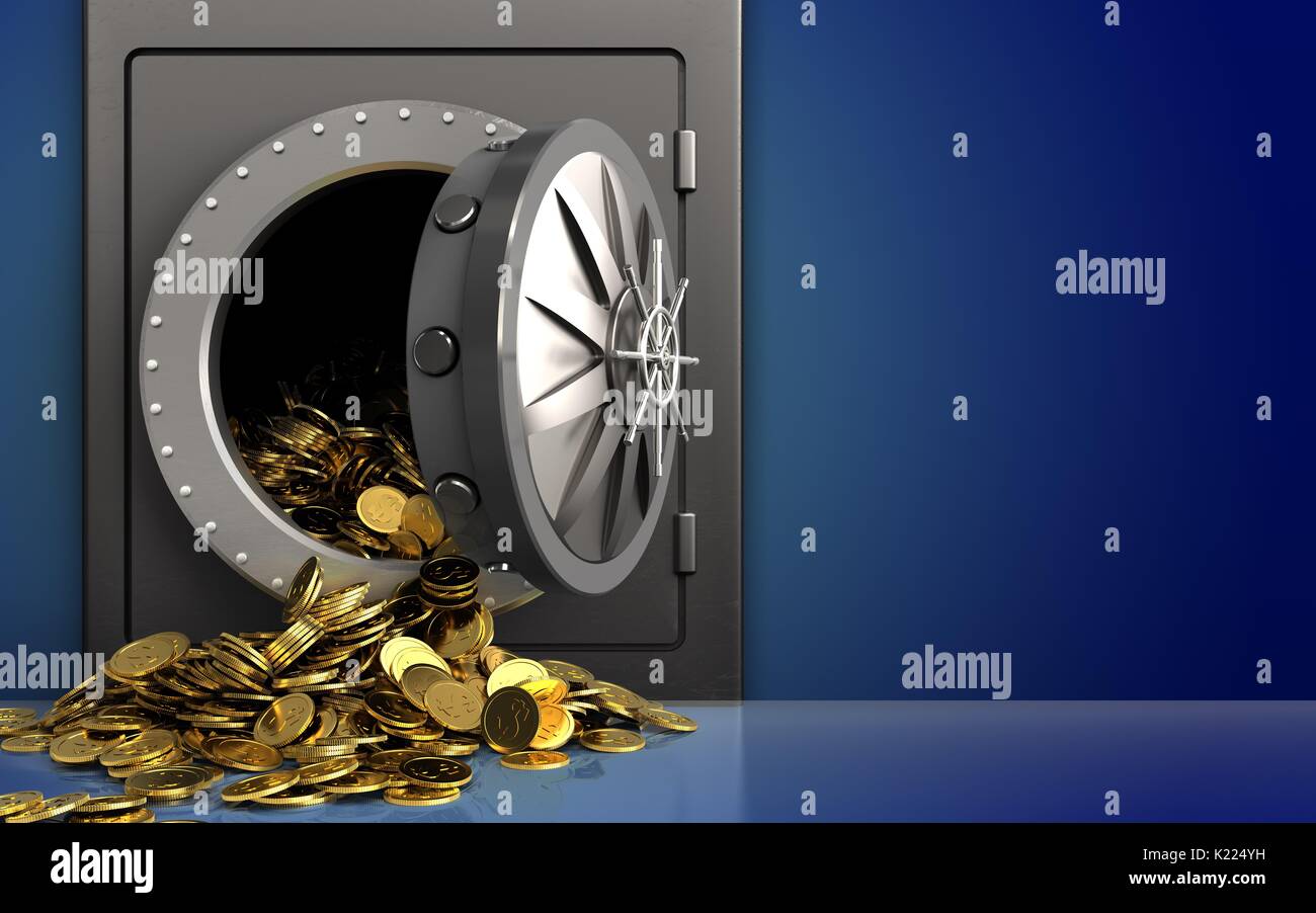 3d illustration of metal safe with golden coins over blue background ...