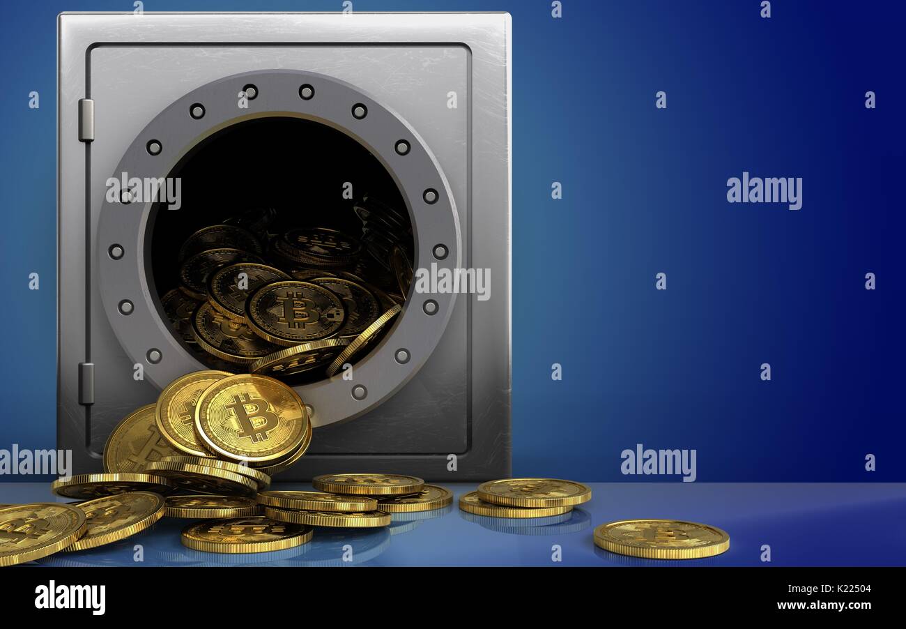 3d illustration of metal safe with bitcoins heap over blue background ...