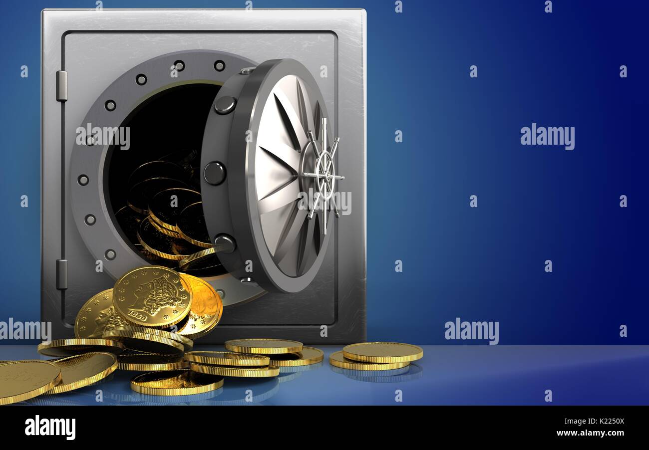 3d illustration of metal safe with coins over blue background Stock ...