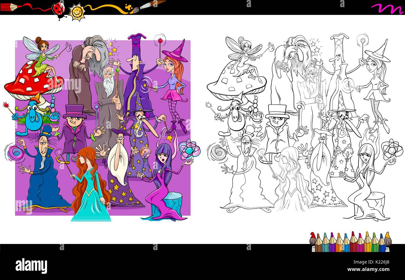 Cartoon Illustration of Wizards and Witches Fantasy Characters Group ...