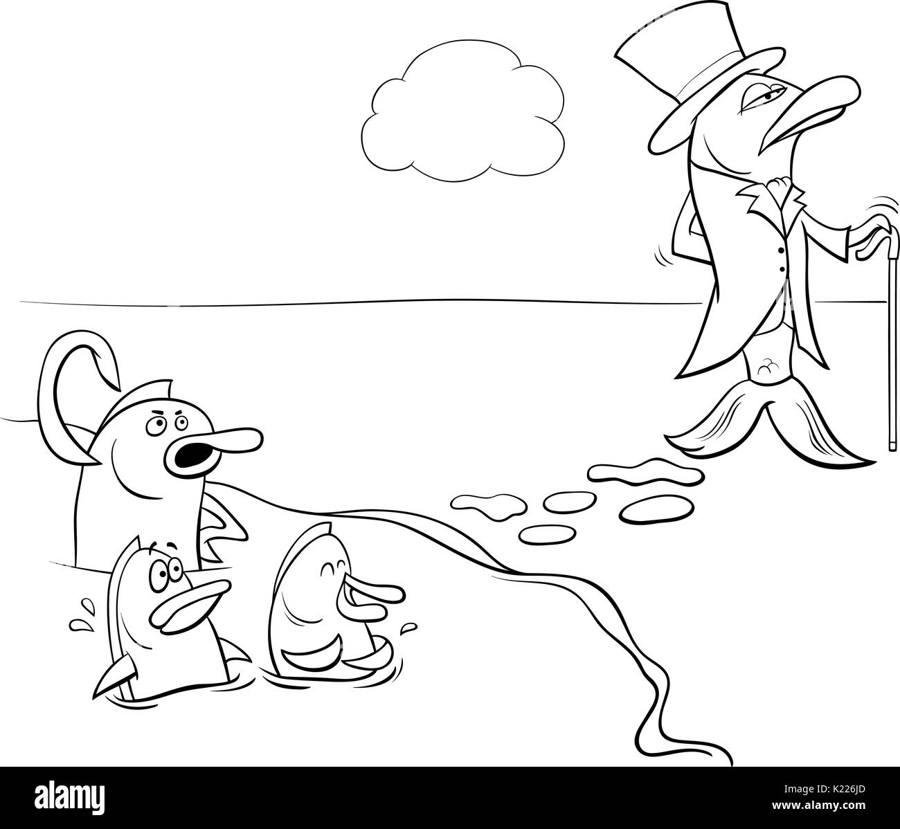 Black and White Cartoon Humorous Concept Illustration of Fish Out of ...