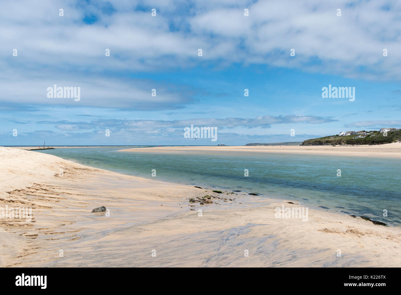 Estuary waters running into the sea at North Kidney Beach near Lelant ...