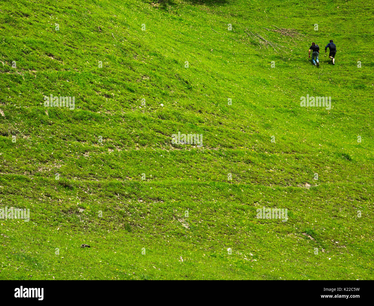 Two young men climb up the steep slope of a mountain covered with green ...