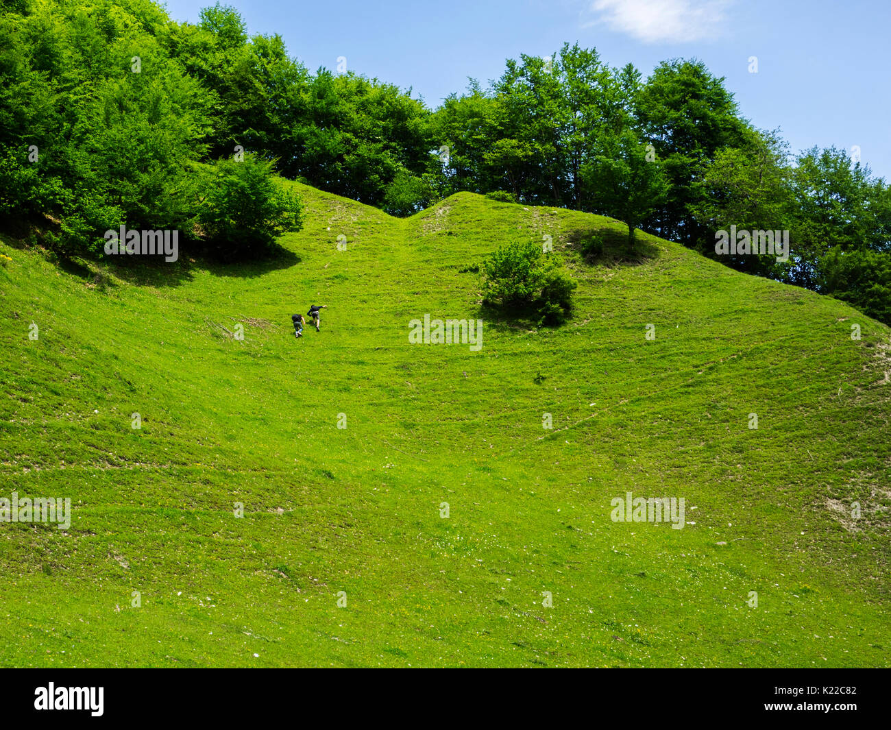 Two young men climb up the steep slope of a mountain covered with green ...
