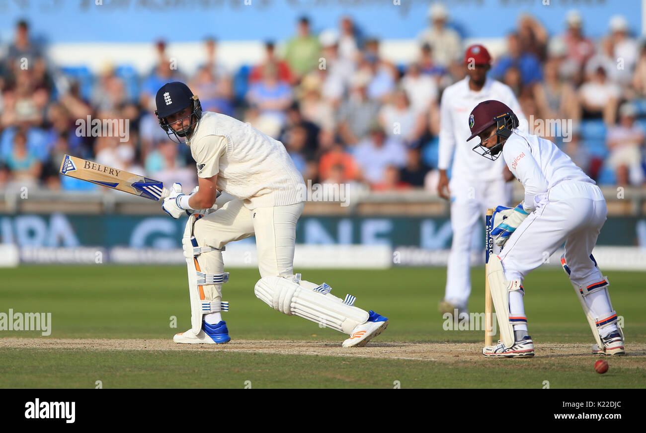 England's Stuart Broad bats during day four of the the second Investec ...