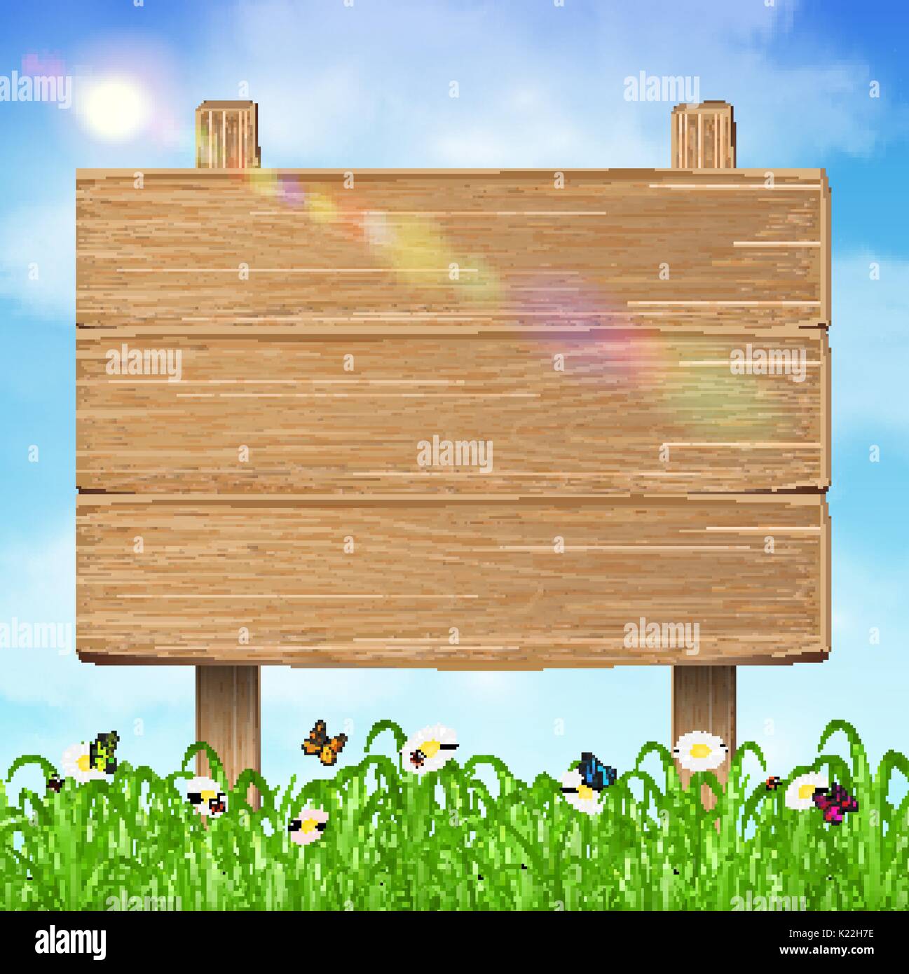 wood board sign on grass and butterfly with sky Stock Vector Image ...