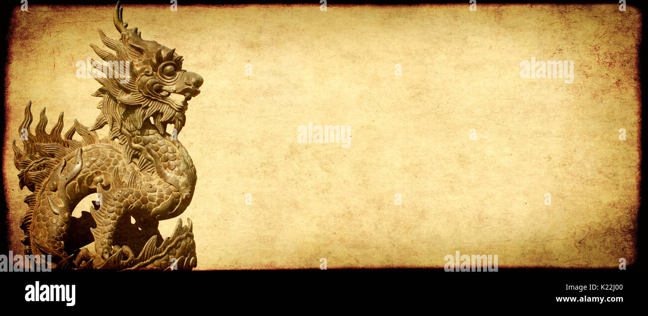 Grunge background with old paper texture and vietnamese dragon statue ...