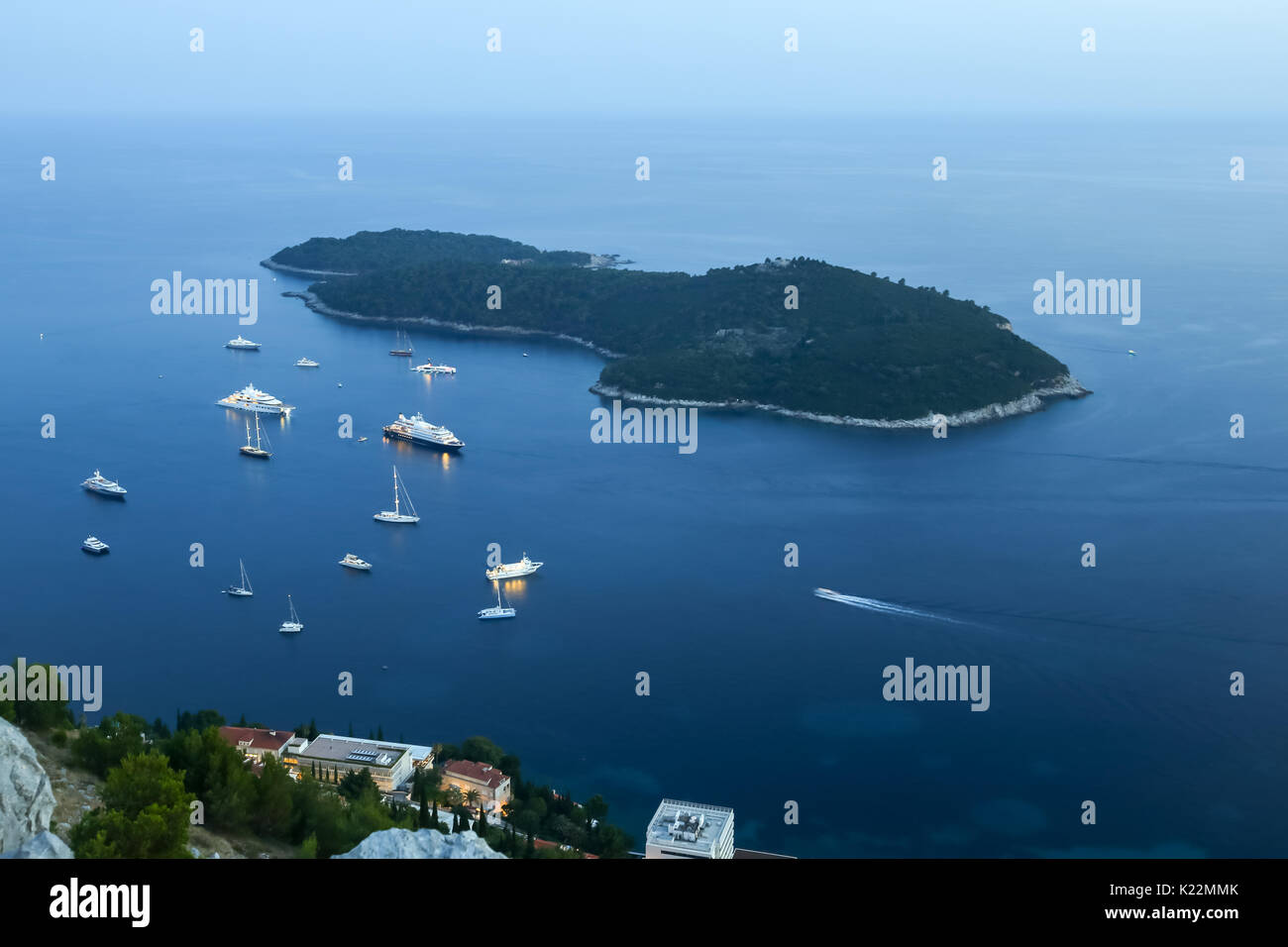 An aerial view of the Island Lokrum at sunset in Dalmatia, Croatia ...