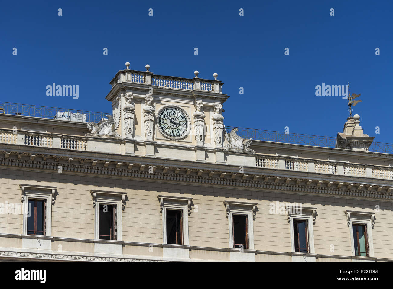 Antique clock on facade of an old classic building in Rome, Italy ...