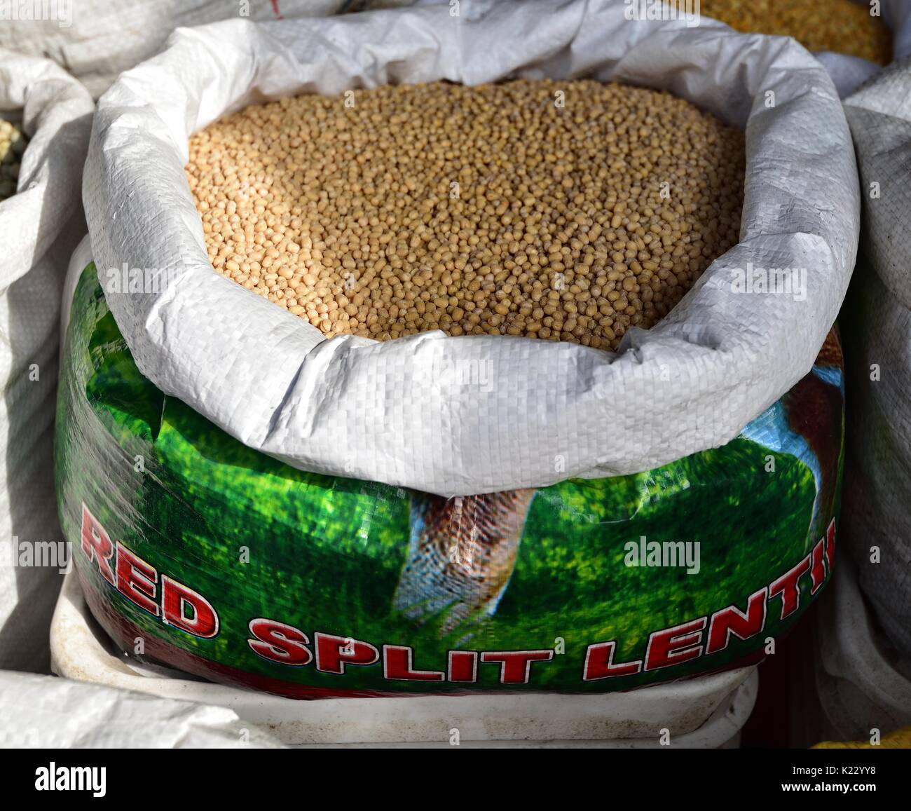 Sack full of red split lentils in Colombo market Sri Lanka Stock Photo ...
