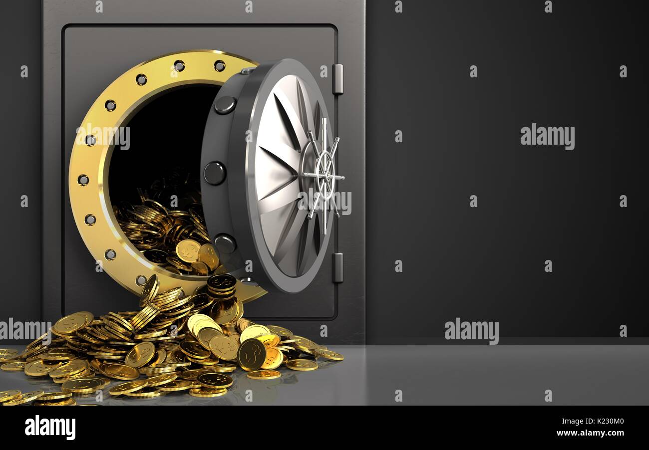3d illustration of metal safe with golden coins over black background ...