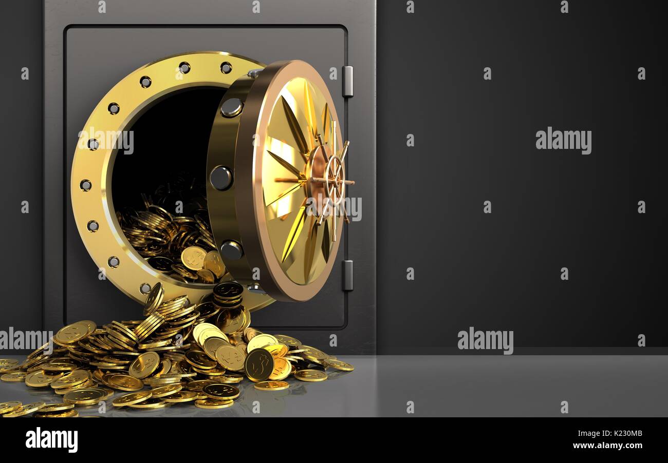 3d illustration of metal safe with golden coins over black background ...