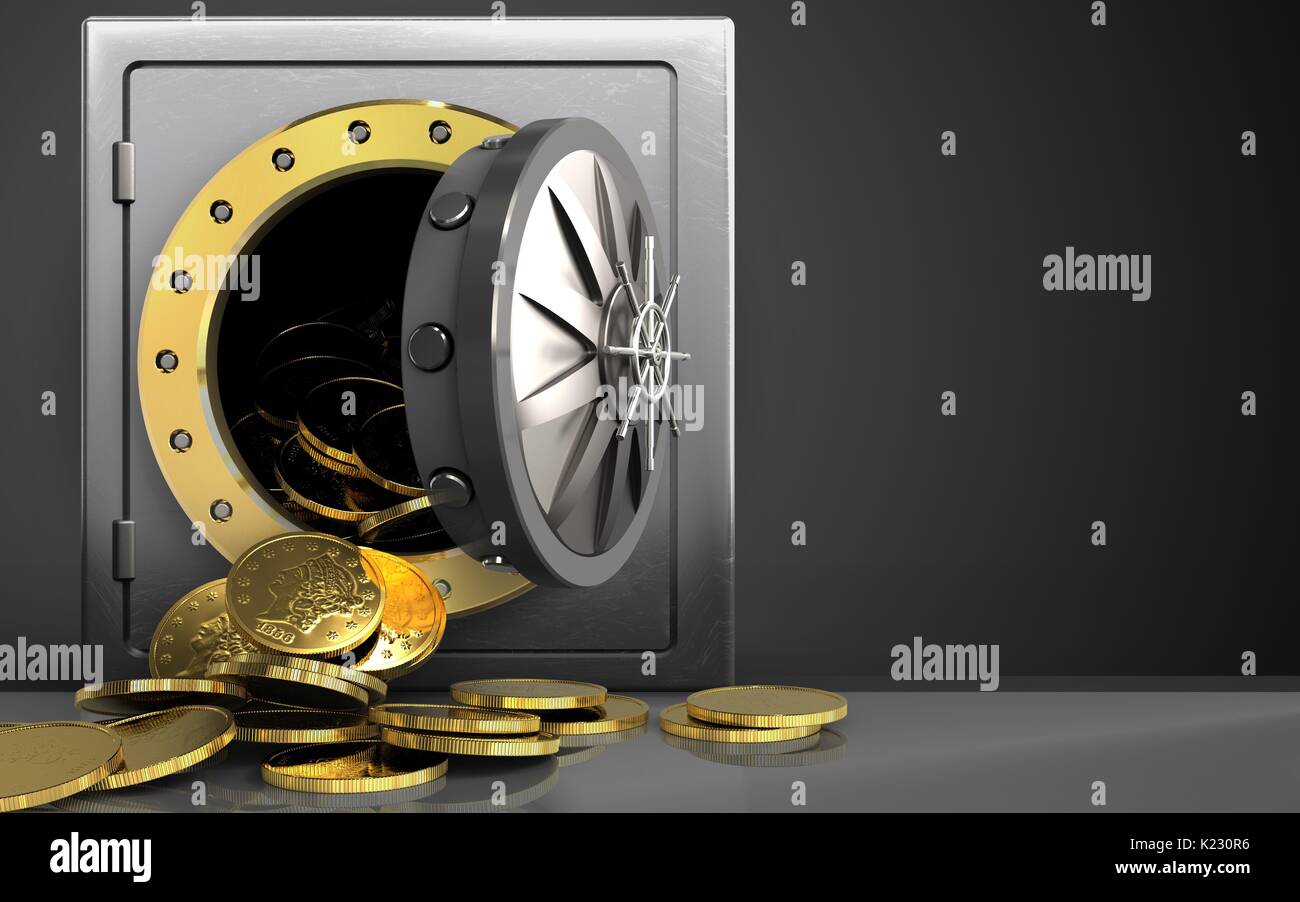3d illustration of metal safe with coins over black background Stock ...