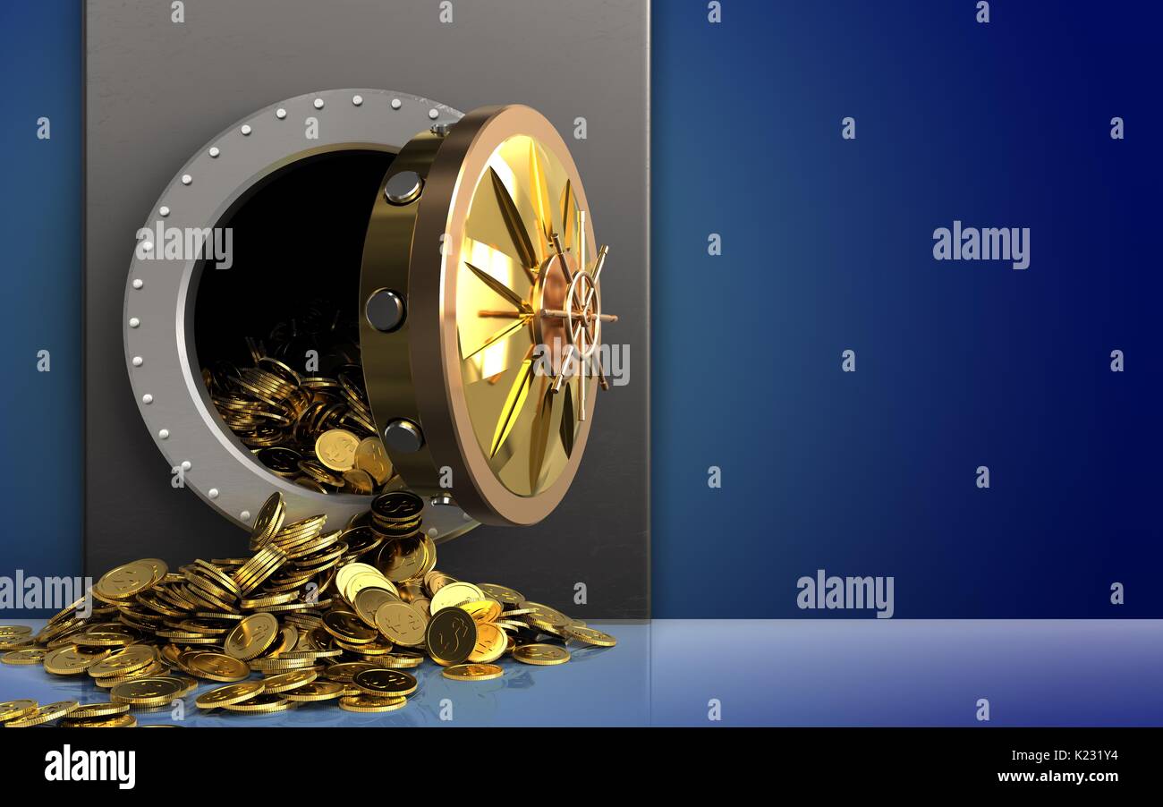 3d illustration of metal box with golden coins over blue background ...