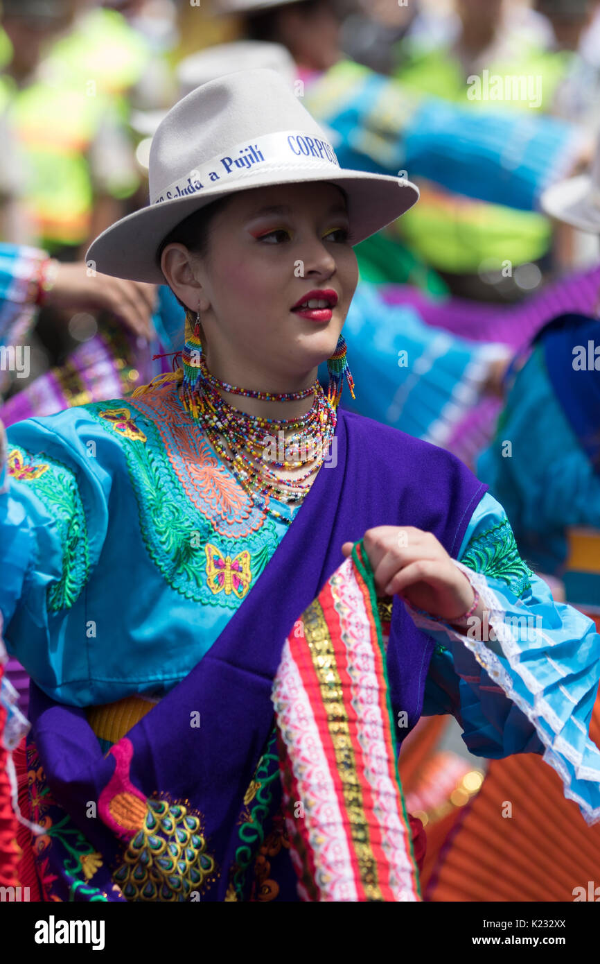 June 17, 2017 Pujili, Ecuador: closeup of a kichwa indigenous young ...