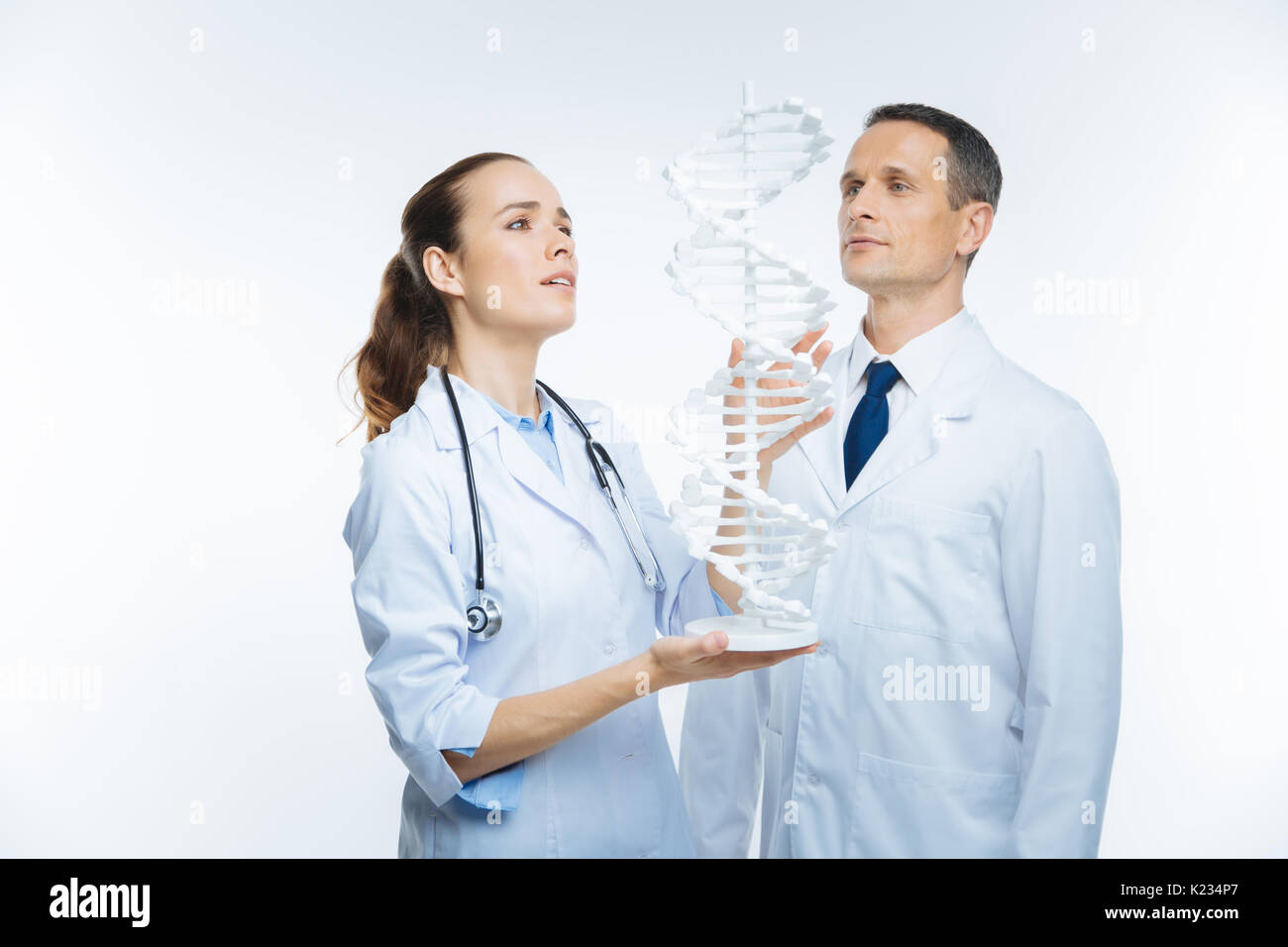 Joyful medical colleagues looking at plastic dna model together Stock ...