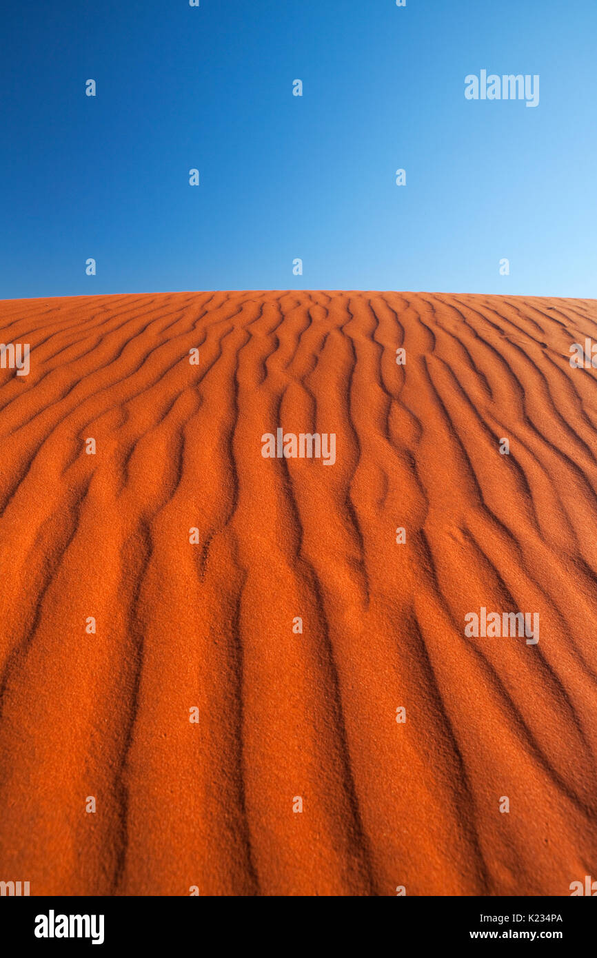 Detail of ripples in a red sand dune on a clear day. Photographed in ...