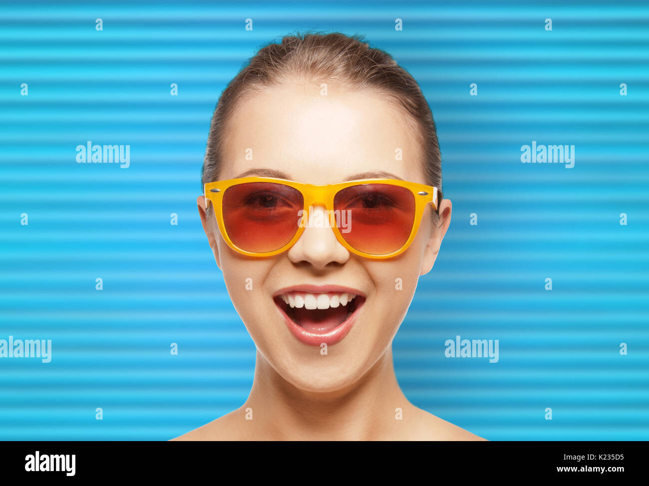 happy teenage girl or woman face in shades Stock Photo - Alamy