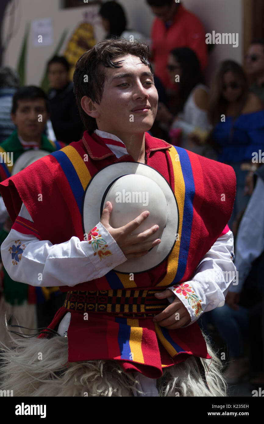 June 17, 2017 Pujili, Ecuador: male dancer in colorful traditional ...
