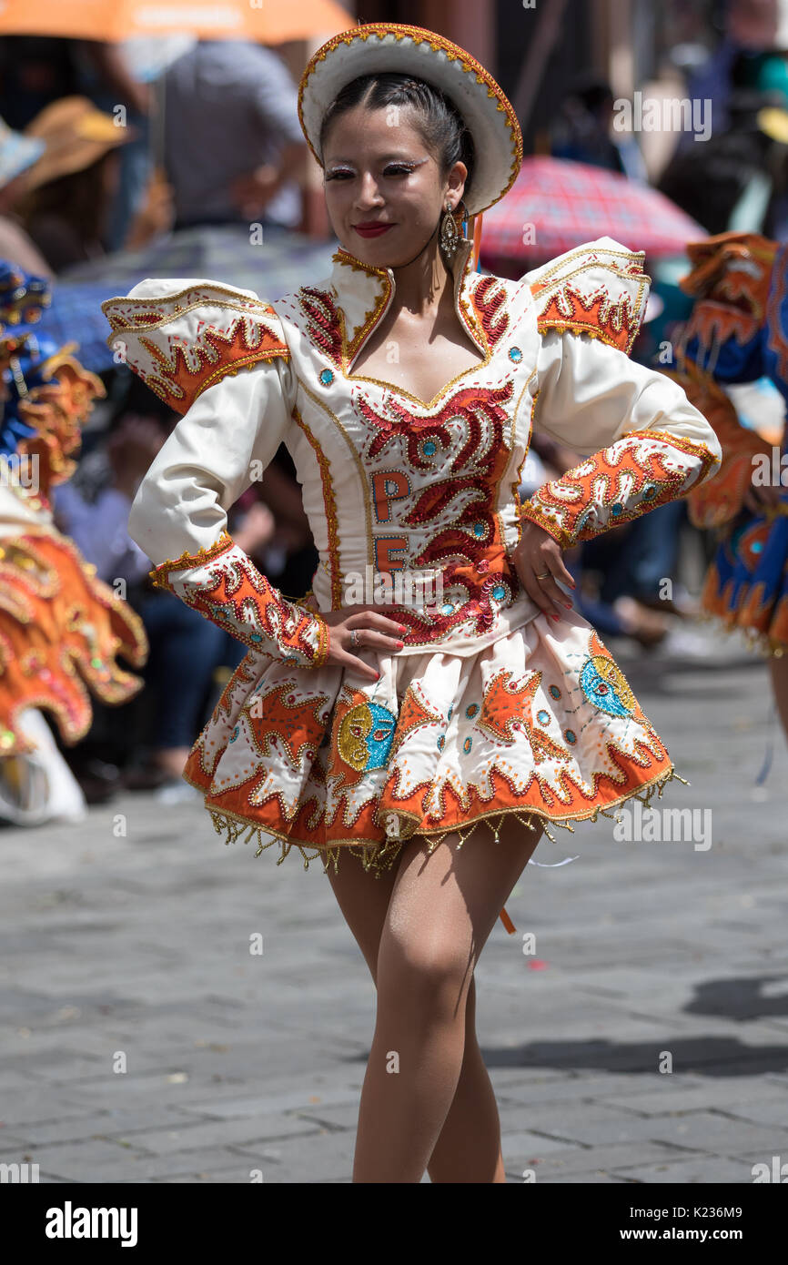 June 17, 2017 Pujili, Ecuador: indigenous kichwa woman in colorful ...