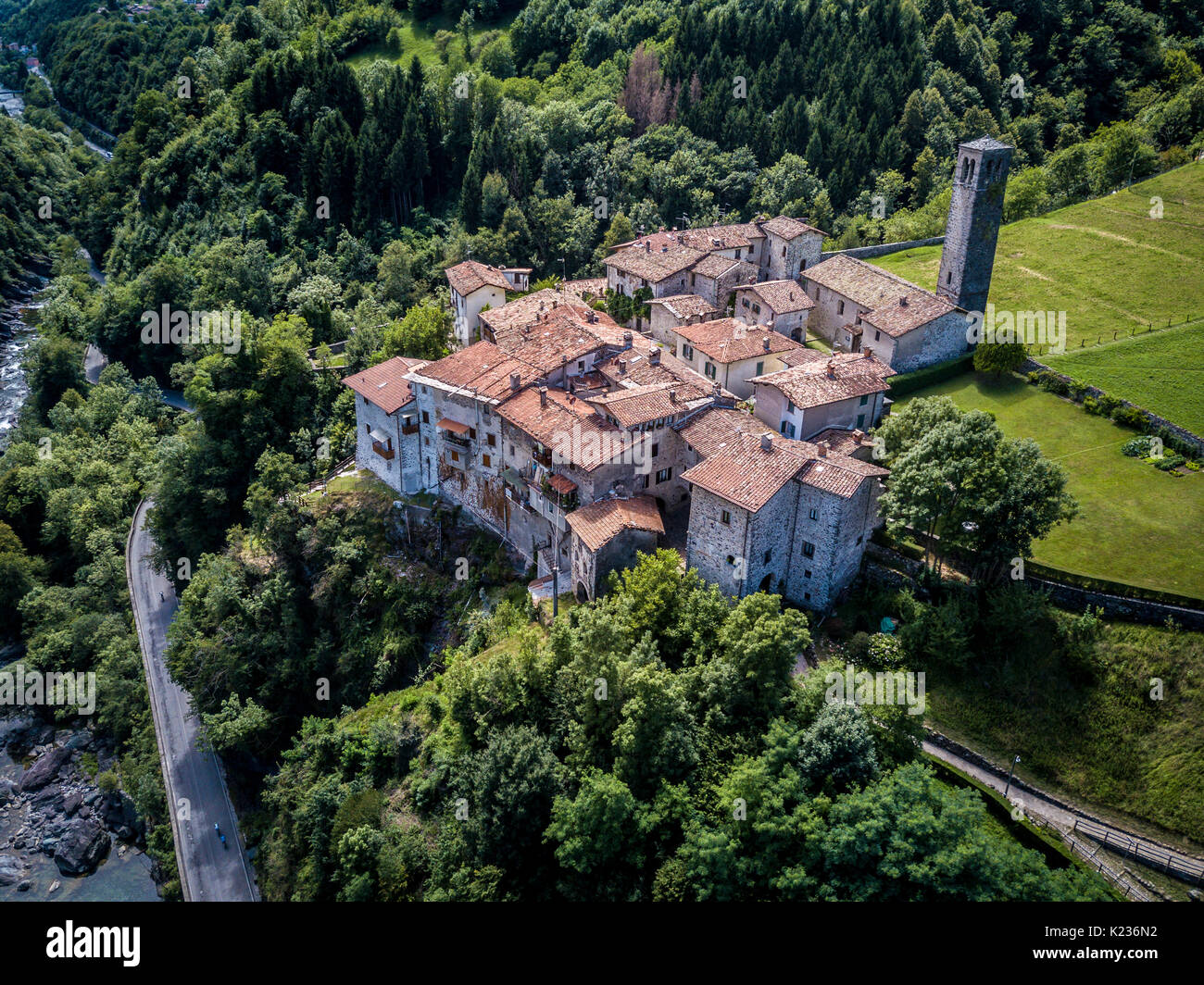Aerial view of medieval village of Cornello dei Tasso in Bergamo ...