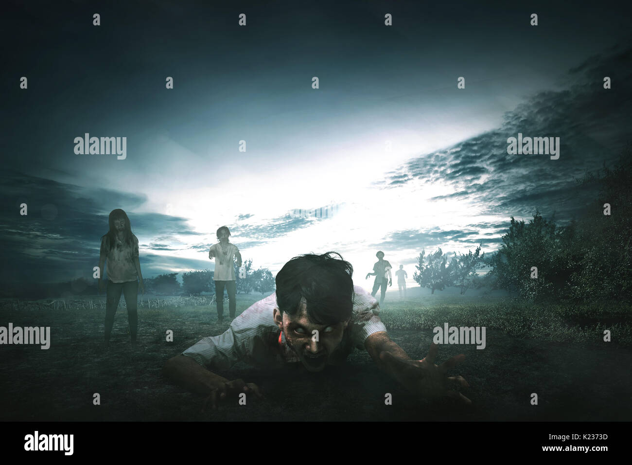 Crowd of creepy asian zombies with angry face walking around on the ...