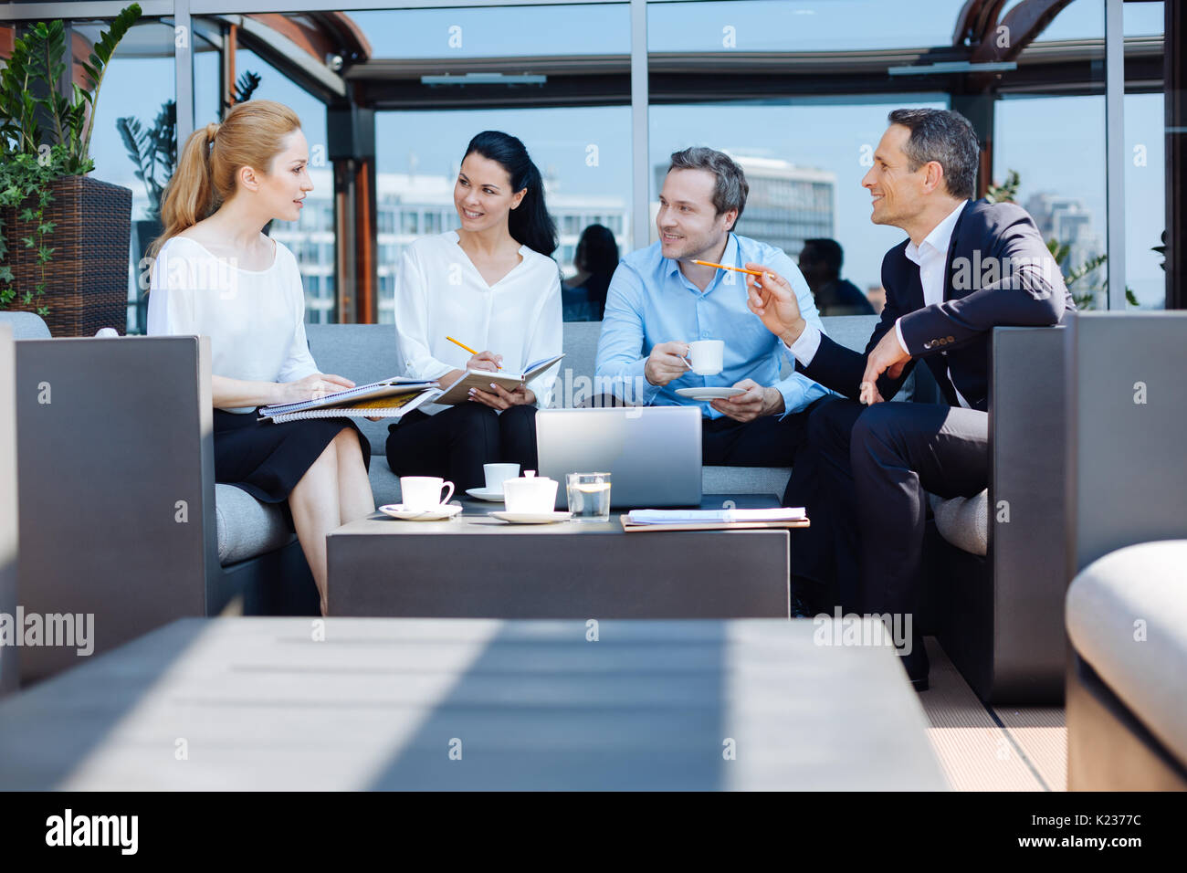 Joyful smart man pointing at the woman Stock Photo - Alamy