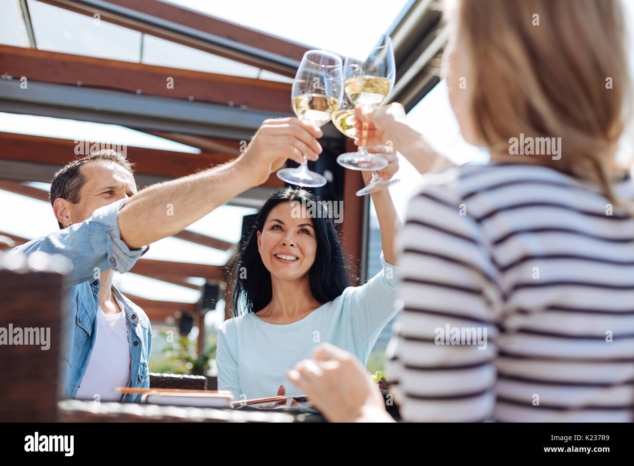 Cheerful friends raising glasses hi-res stock photography and images ...