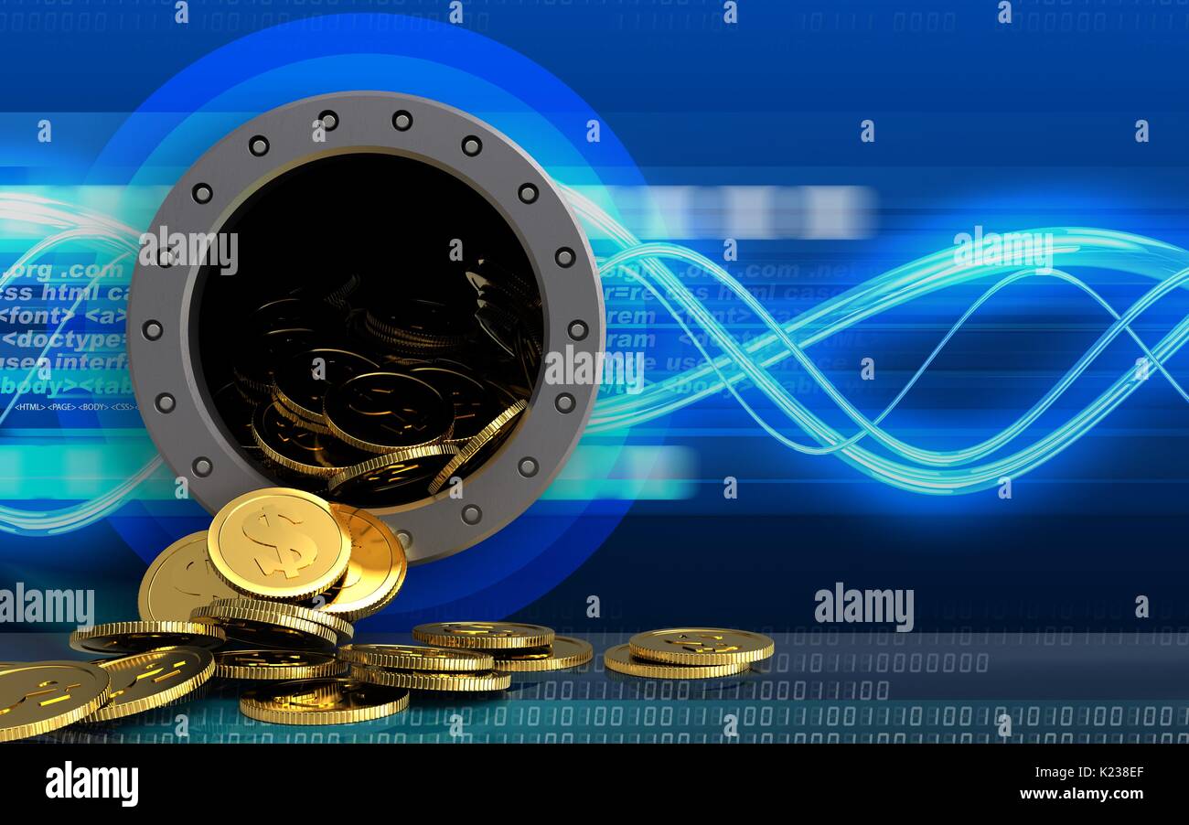 3d illustration of dollar coins storage over digital waves background ...