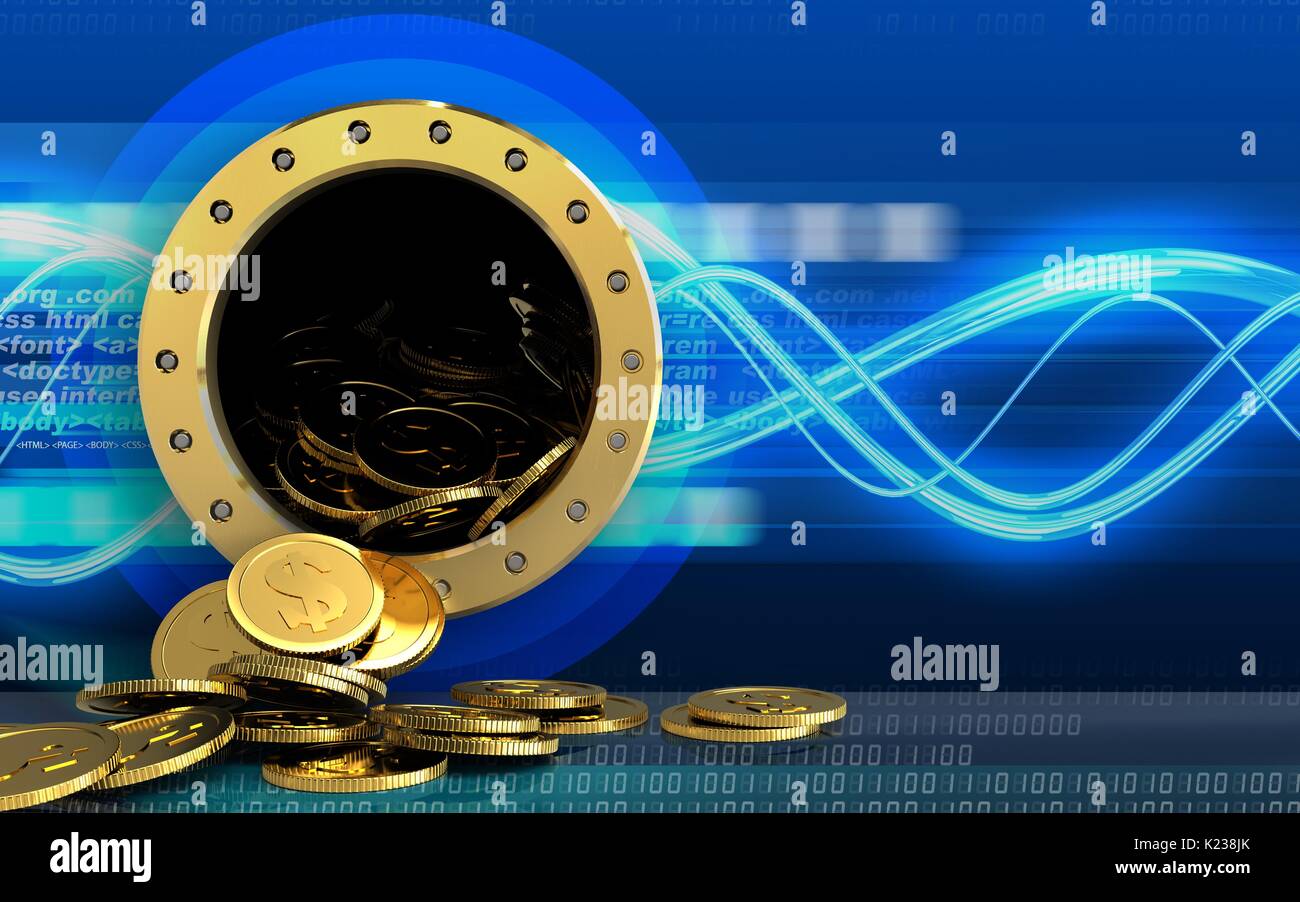 3d illustration of dollar coins storage over digital waves background ...