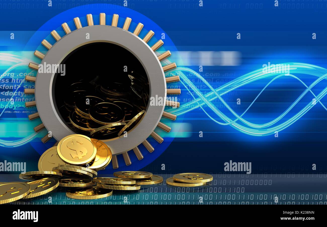 3d illustration of dollar coins storage over digital waves background ...