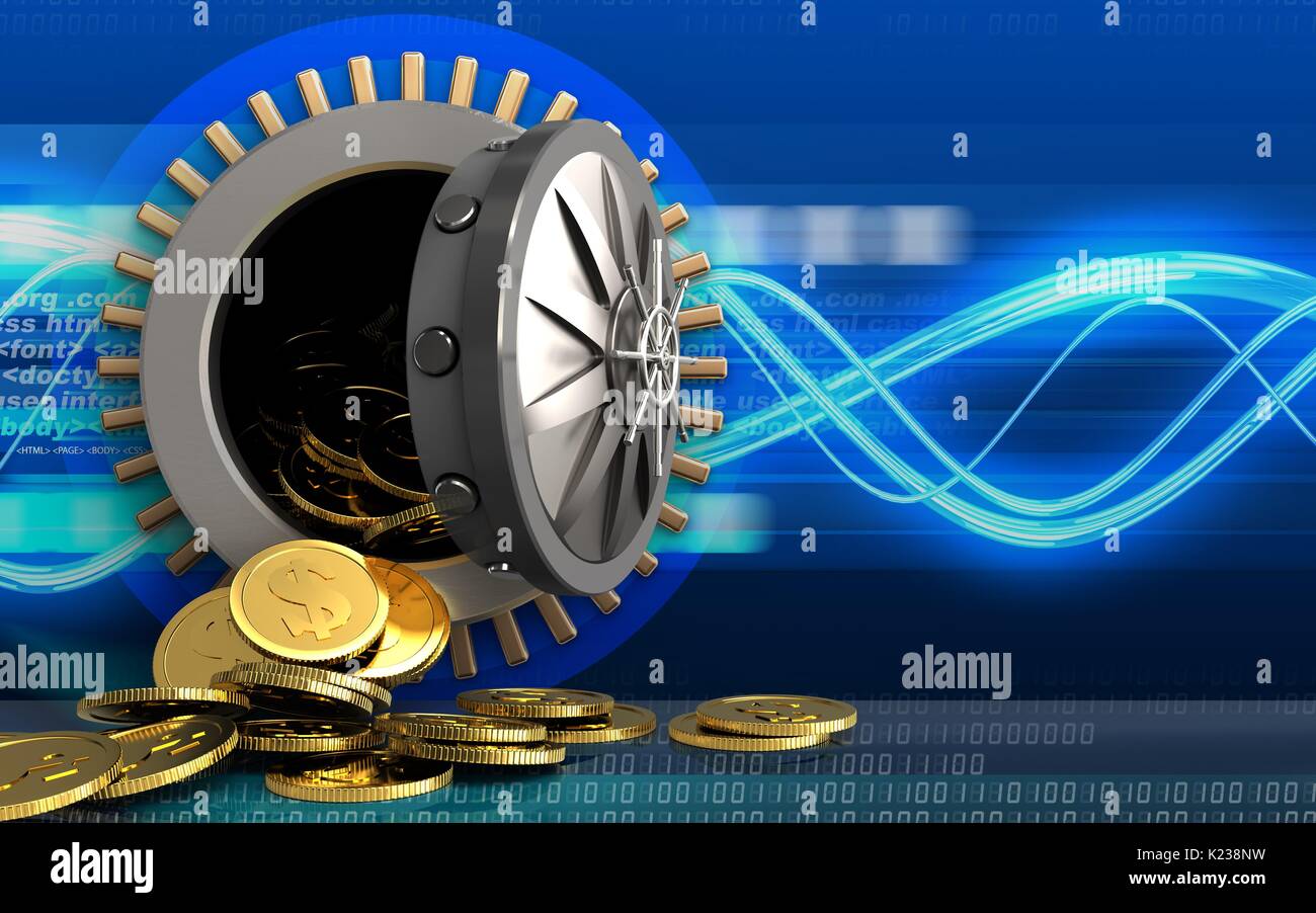 3d illustration of dollar coins storage over digital waves background ...